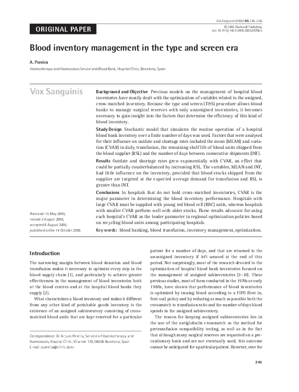 (PDF) Blood inventory management in the type and screen era