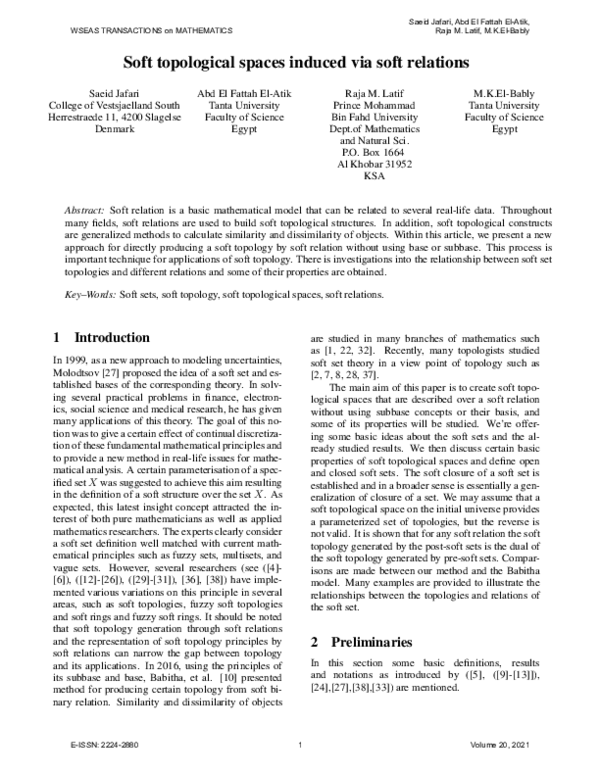 Pdf Soft Topological Spaces Induced Via Soft Relations