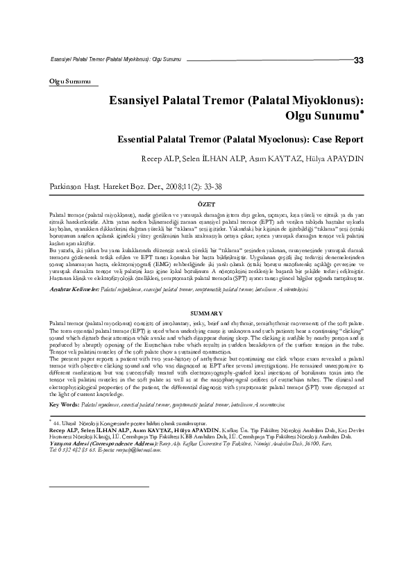 (PDF) Esansiyel Palatal Tremor (Palatal Miyoklonus): Olgu Sunumu∗ ...