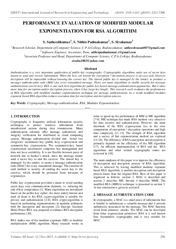 (PDF) Performance Evaluation of Modified Modular Exponentiation for Rsa ...