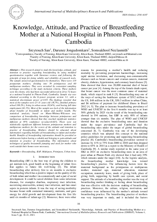 (PDF) Knowledge, Attitude, and Practice of Breastfeeding Mother at a National Hospital in Phnom ...