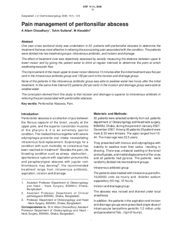 (PDF) Pain management of peritonsillar abscess
