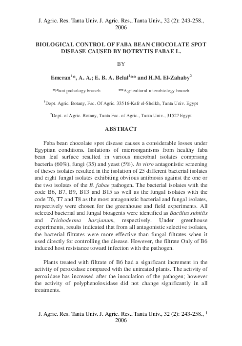 (PDF) BIOLOGICAL CONTROL OF FABA BEAN CHOCOLATE SPOT DISEASE CAUSED BY ...