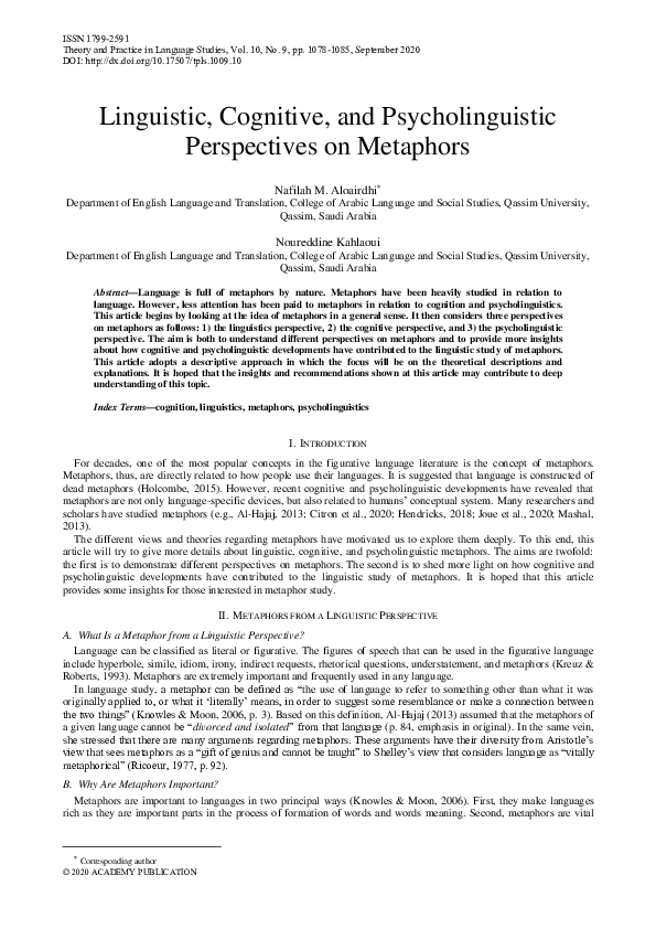 (PDF) Linguistic, Cognitive, and Psycholinguistic Perspectives on Metaphors