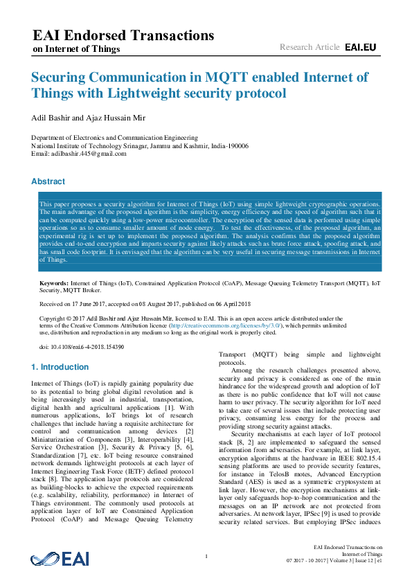 (PDF) Securing Communication in MQTT enabled Internet of Things with Lightweight security ...