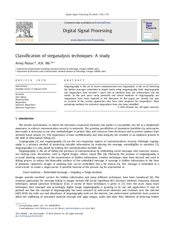 (PDF) Classification of steganalysis techniques: A study