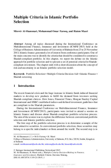 Pdf Multiple Criteria In Islamic Portfolio Selection