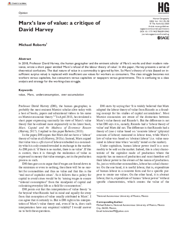 (PDF) Marx's law of value: a critique of David Harvey