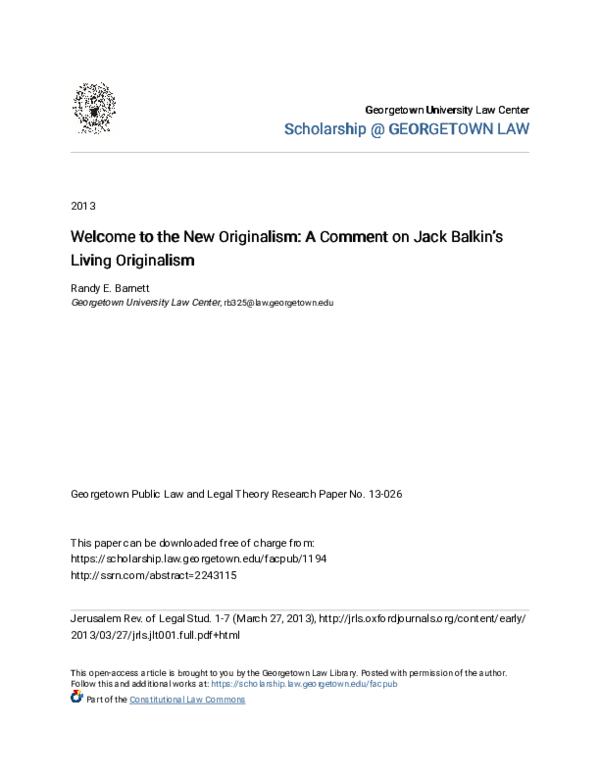 (PDF) Welcome to the New Originalism: A Comment on Jack Balkin's Living ...
