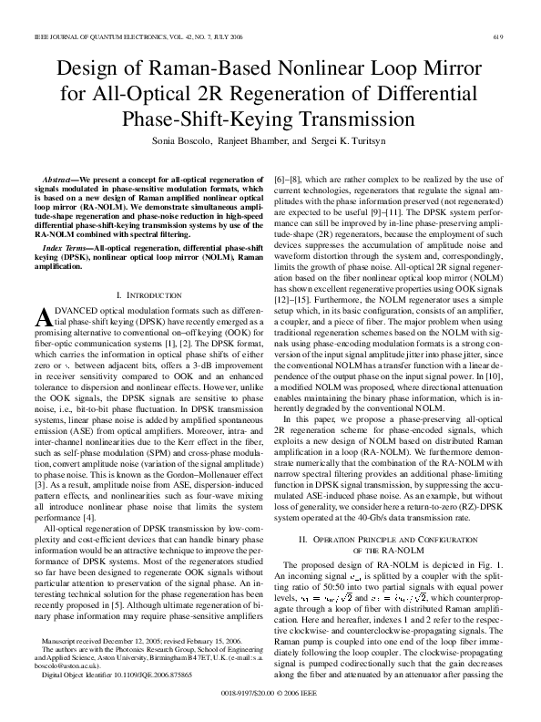 (PDF) Design of Raman-based nonlinear loop mirror for all-optical 2R ...