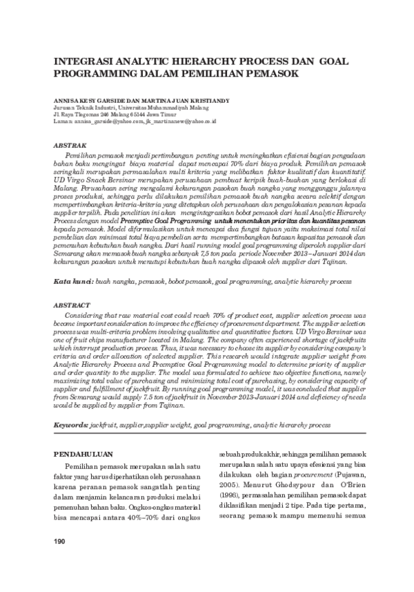 (PDF) Integrasi Analytic Hierarchy Process Dan Goal Programming Dalam Pemilihan Pemasok