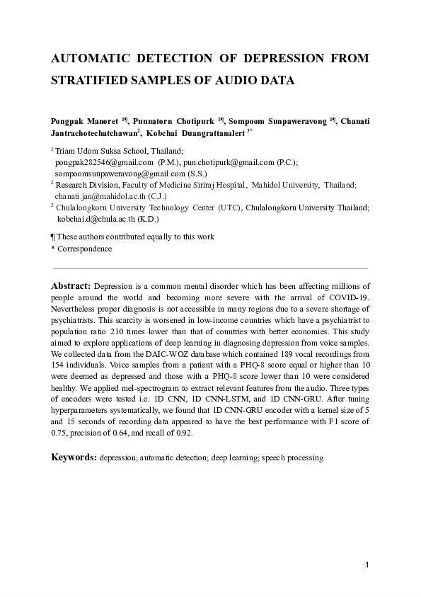 (PDF) AUTOMATIC DETECTION OF DEPRESSION FROM STRATIFIED SAMPLES OF ...