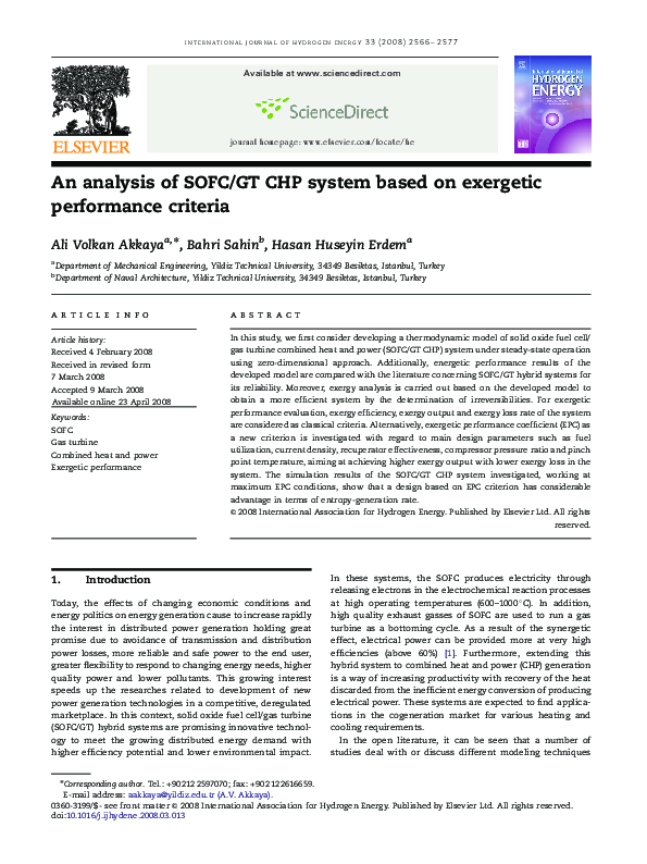 (PDF) An analysis of SOFC/GT CHP system based on exergetic performance criteria