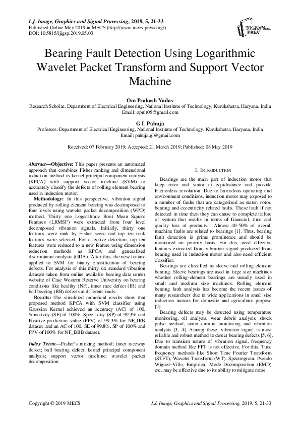 Pdf Bearing Fault Detection Using Logarithmic Wavelet Packet Transform And Support Vector