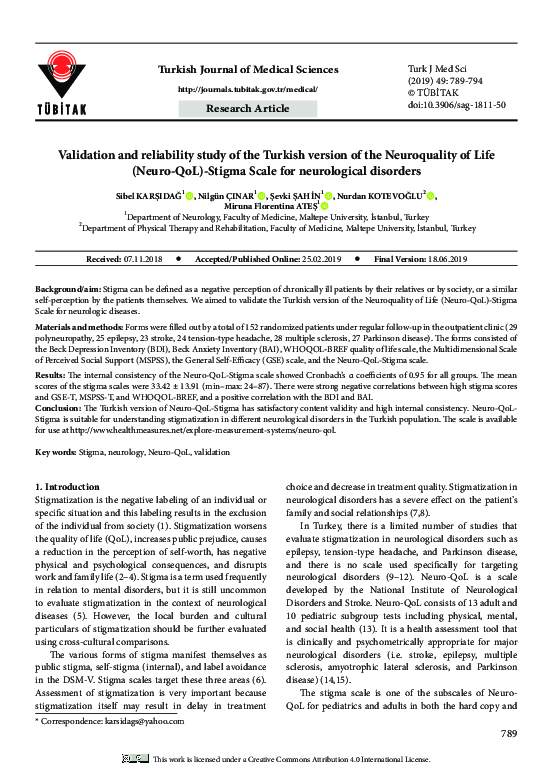 (PDF) Validation and reliability study of the Turkish version of the ...