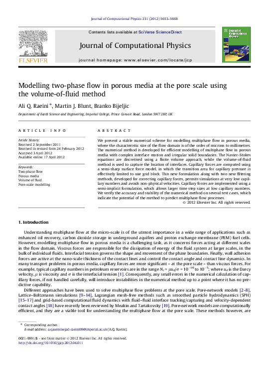 (PDF) Modelling two-phase flow in porous media at the pore scale using the volume-of-fluid method