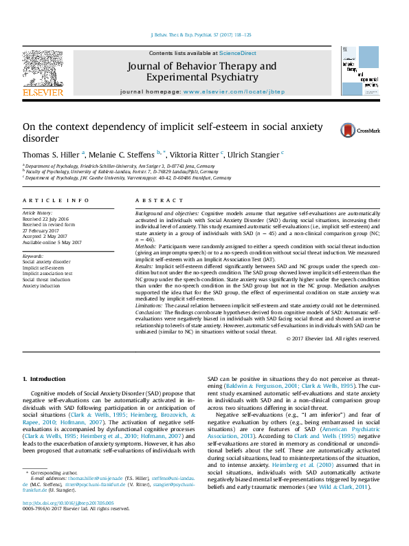 (PDF) On the context dependency of implicit self-esteem in social anxiety disorder