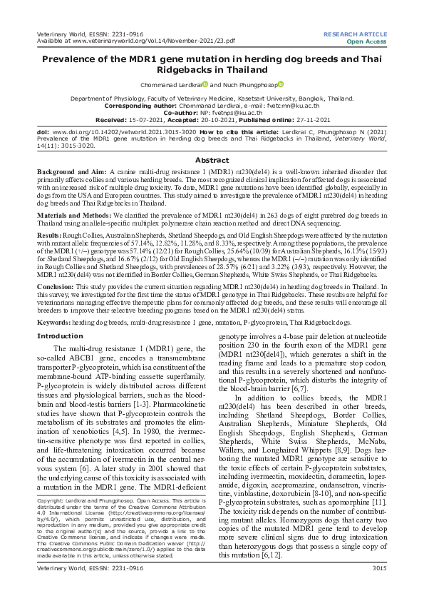 (PDF) Prevalence of the MDR1 gene mutation in herding dog breeds and ...