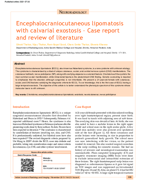 (PDF) Encephalocraniocutaneous lipomatosis with calvarial exostosis ...