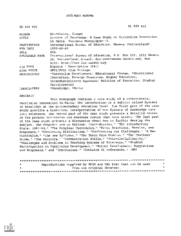 (PDF) Systems of Knowledge: A Case Study of Curriculum Innovation in Malta. Innodata Monographs 3