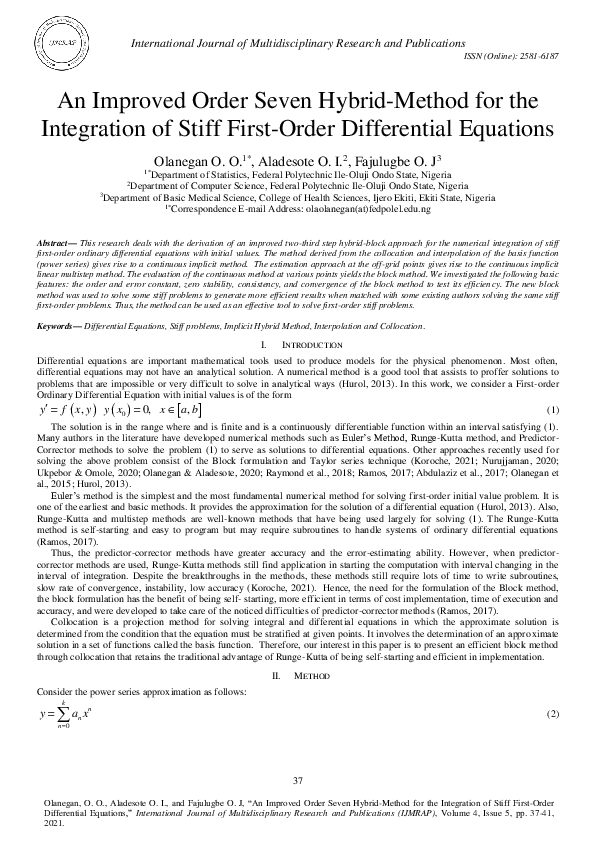 Pdf An Improved Order Seven Hybrid Method For The Integration Of Stiff First Order