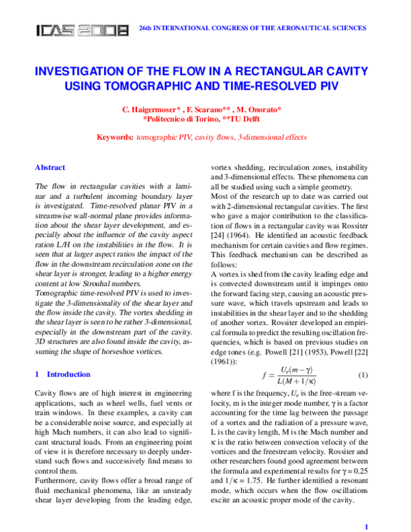 (PDF) Investigation of the flow in a rectangular cavity using tomographic and time-resolved PIV