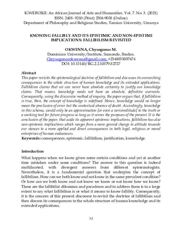 (PDF) KNOWING FALLIBLY AND ITS EPISTEMIC AND NON-EPISTEMI IMPLICATIONS ...