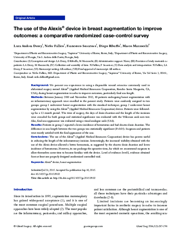 (PDF) The use of the Alexis® device in breast augmentation to improve ...