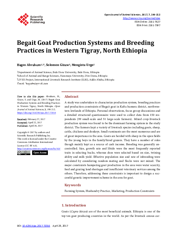 (PDF) Begait Goat Production Systems and Breeding Practices in Western ...
