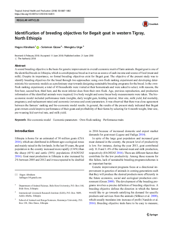 (PDF) Identification of breeding objectives for Begait goat in western ...