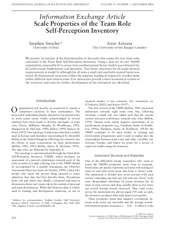 (PDF) Scale Properties of the Team Role Self-Perception Inventory