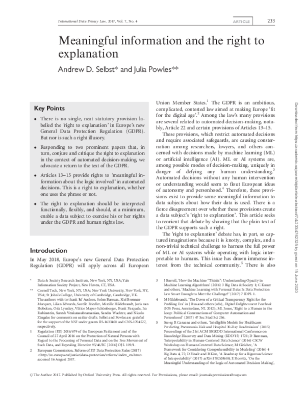 (PDF) Meaningful information and the right to explanation