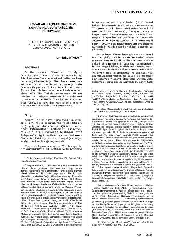 (PDF) Lozan Antlasmasi ncesi Ve Sonrasinda S ryani Egitim Kurumlari