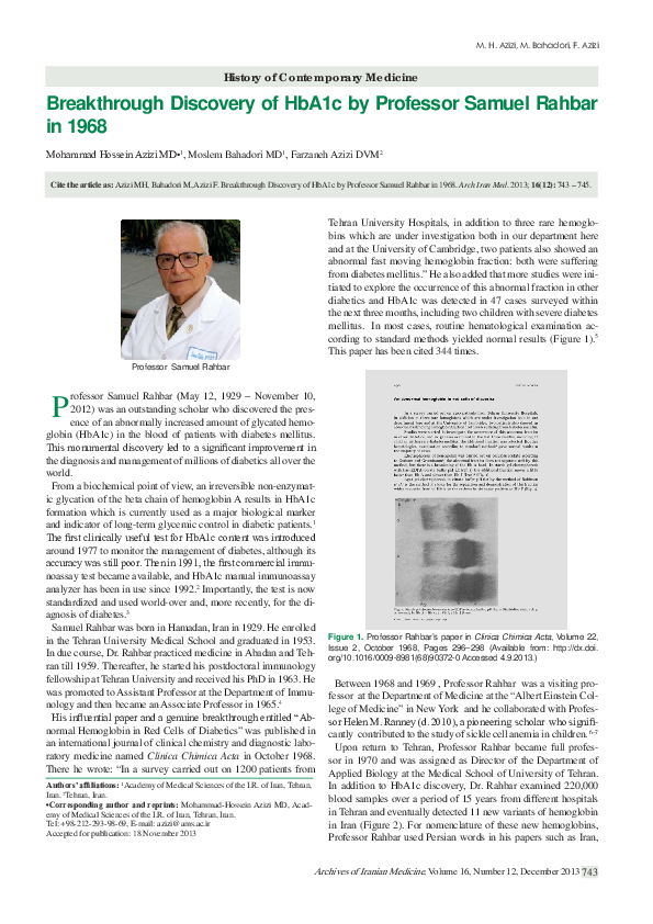 (PDF) Breakthrough Discovery of HbA1c by Professor Samuel Rahbar in 1968