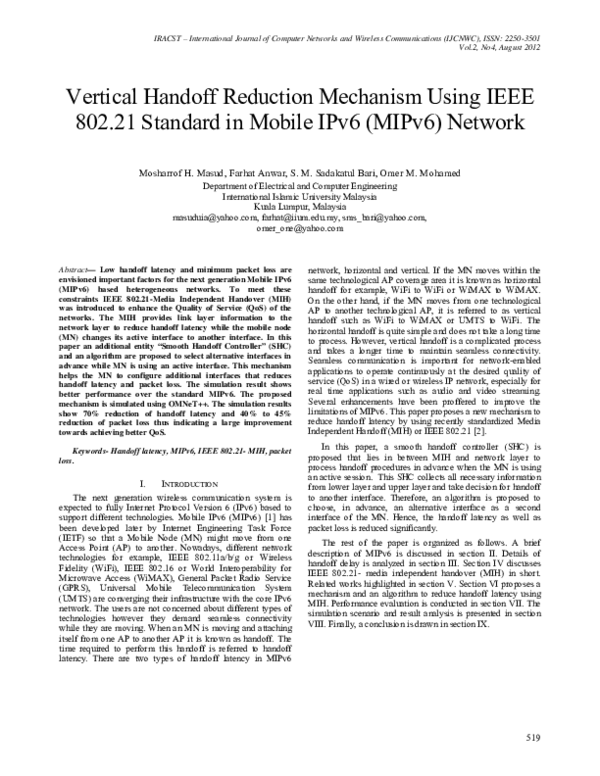 (PDF) Vertical Handoff Reduction Mechanism Using IEEE 802.21 Standard in Mobile IPv6 (MIPv6 ...