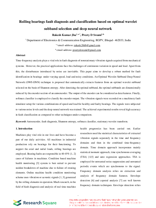 (PDF) Rolling bearings fault diagnosis and classification based on optimal wavelet subband ...