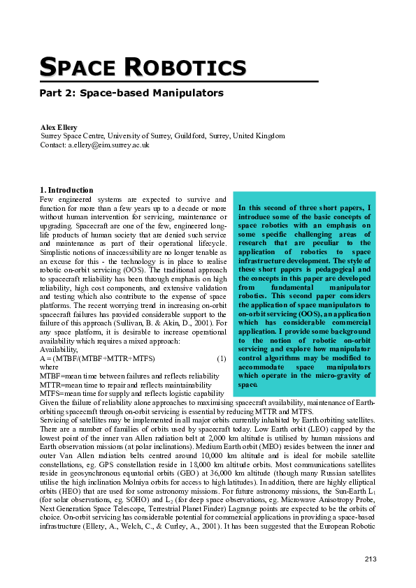 (PDF) Space Robotics: Space-based Manipulators