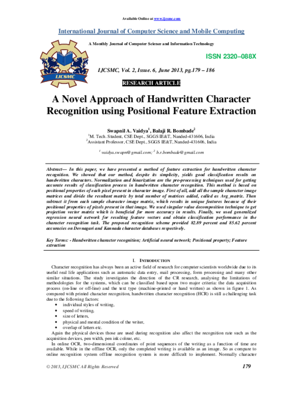 Pdf A Novel Approach Of Handwritten Character Recognition Using