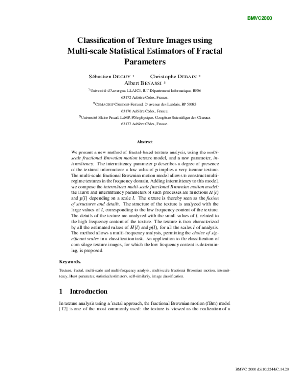 (PDF) Classification of Texture Images using Multi-scale StatisticalEstimators of Fractal Parameters