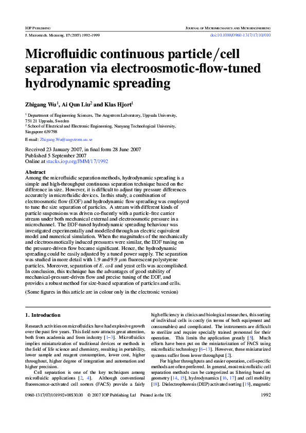 (PDF) Microfluidic continuous particle/cell separation via electroosmotic-flow-tuned ...