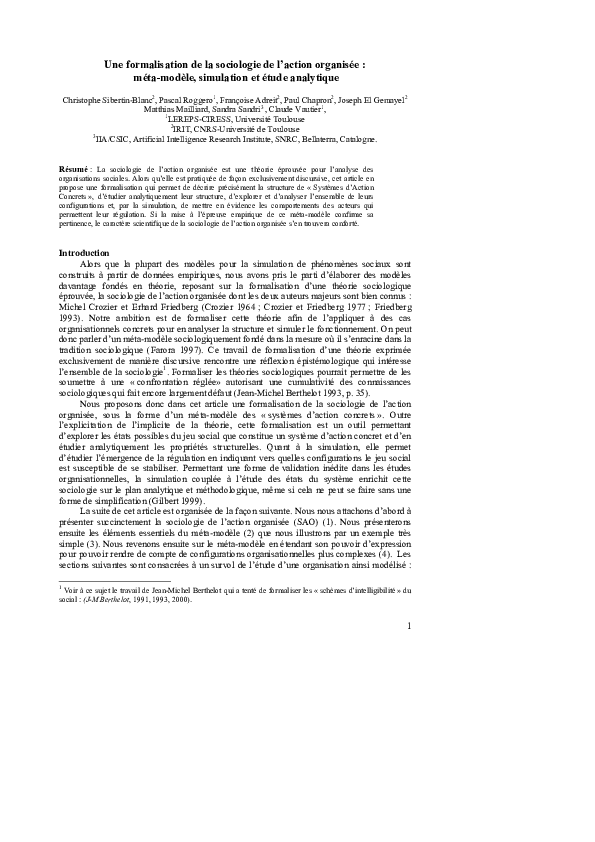 (PDF) Une formalisation de la sociologie de l'action organisée: méta-modèle, simulation et étude ...