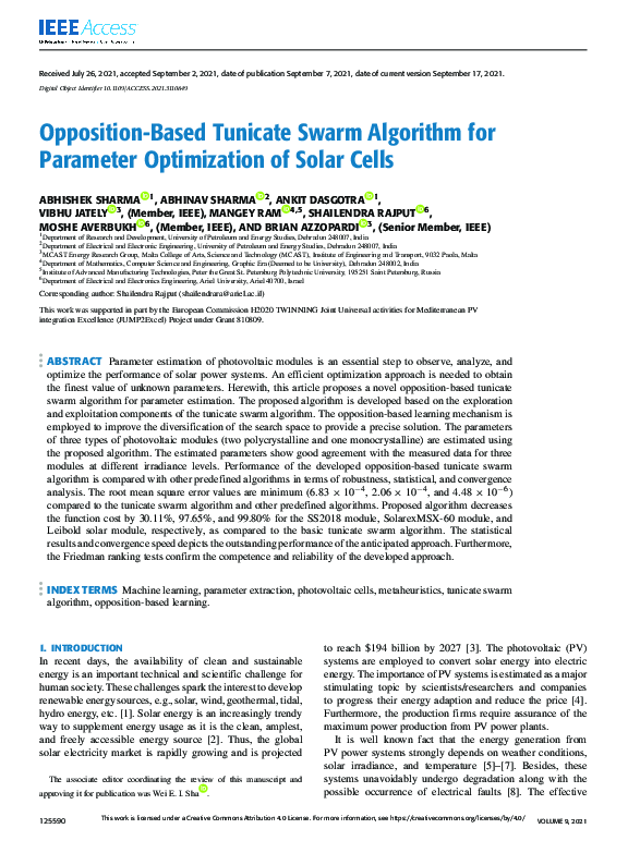 Pdf Opposition Based Tunicate Swarm Algorithm For Parameter Optimization Of Solar Cells