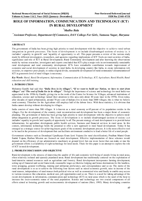 (PDF) ROLE OF INFORMATION, COMMUNICATION AND TECHNOLOGY (ICT) IN RURAL ...