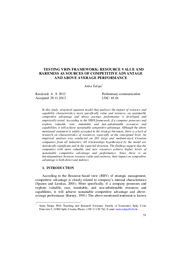 (PDF) Testing Vrin Framework: Resource Value and Rareness as Sources of ...