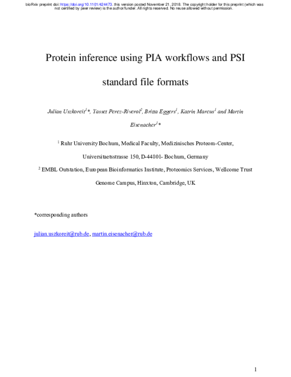 (PDF) Protein inference using PIA workflows and PSI standard file formats