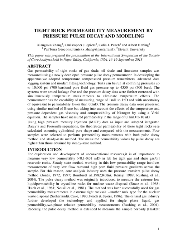 (PDF) Tight Rock Permeability Measurement by Pressure Pulse Decay and ...
