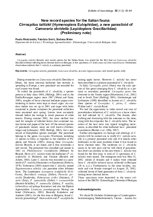 (PDF) New Record Species for the Italian Fauna: Cirrospilus Talitzkii ...