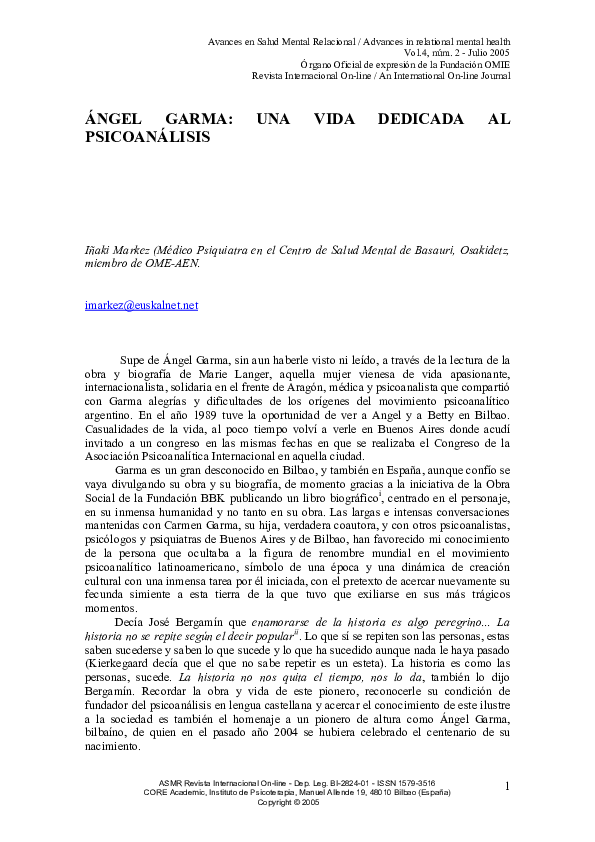 (PDF) Ángel Garma: una vida dedicada al psicoanálisis