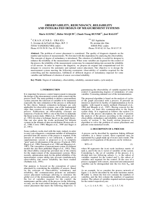 (PDF) Observability, redundancy, reliability and integrated design of measurement systems