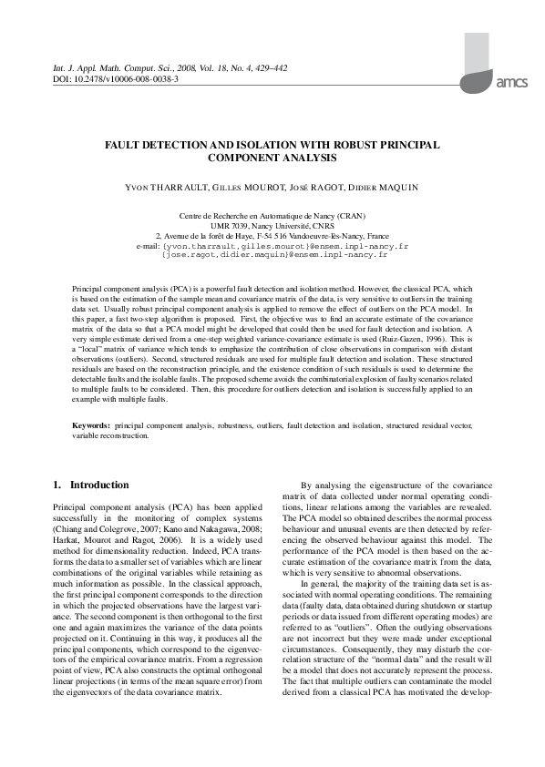 Pdf Fault Detection And Isolation With Robust Principal Component Analysis